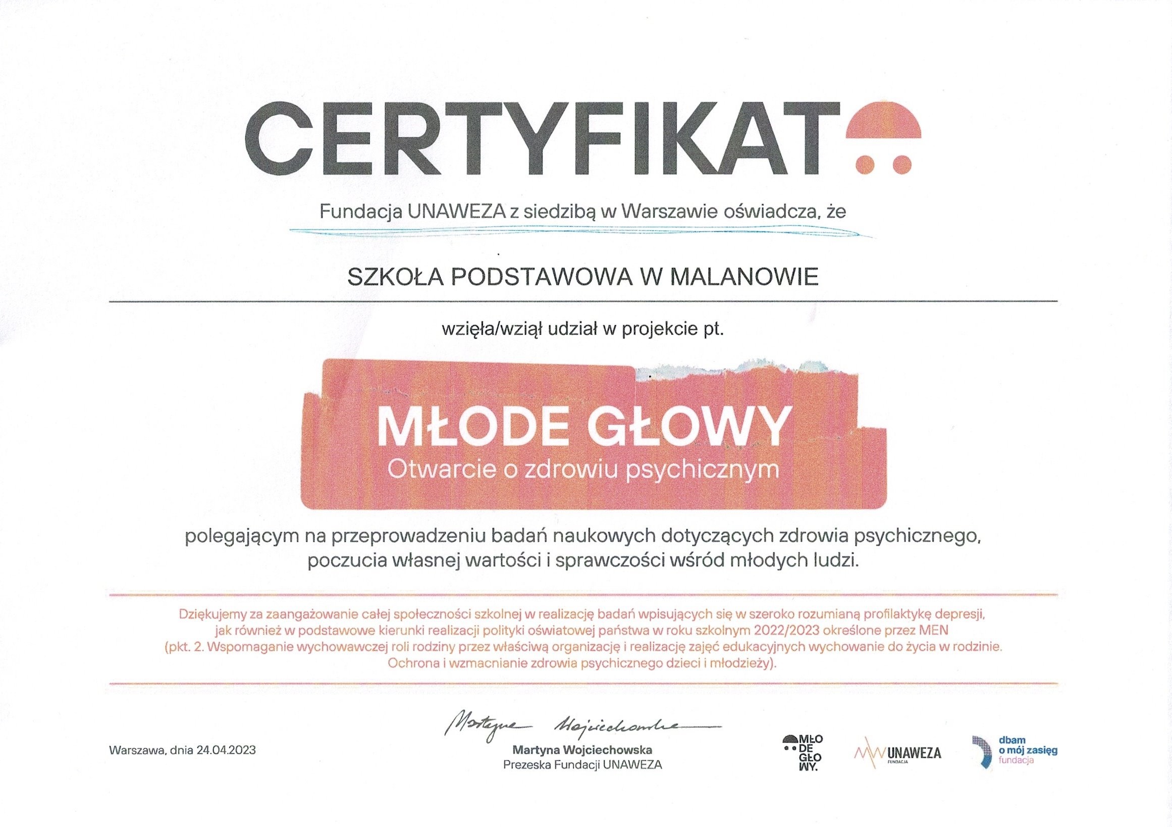 Certyfikaty dla szkoły | Szkola Podstawowa w Malanowie